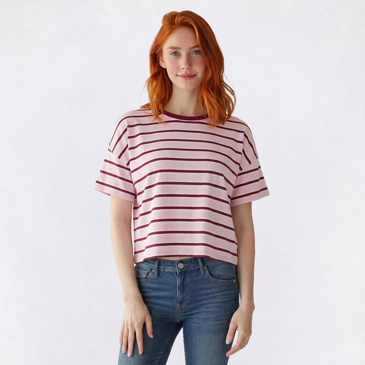 Click here for Juniors Pink Rose Short Sleeve Striped Oversized B... prices